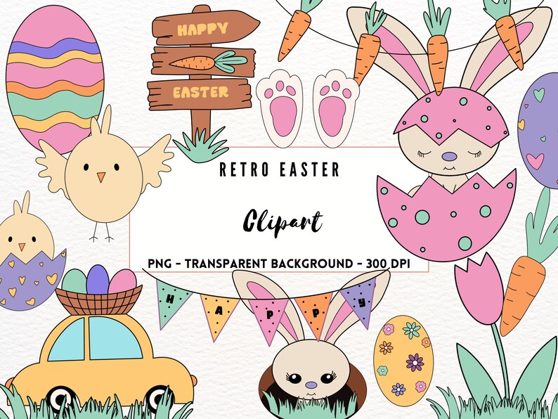 Easter Clipart Retro Easter Clipart Bundle Bunny Clipart - Etsy