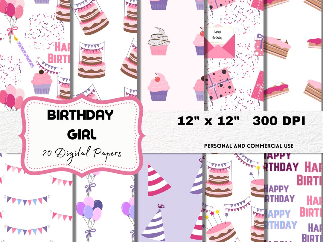 Happy Birthday Digital Paper Birthday Girl Scrapbook Paper Birthday ...