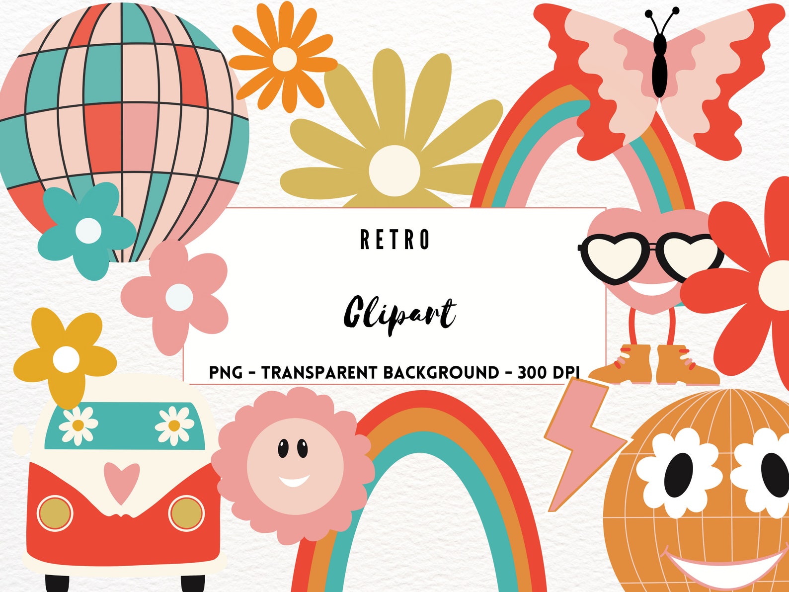 Retro Clipart Bundle Groovy Hippie Daisy Flower Retro Vibes Digital Clipart Set 70's Clipart ...