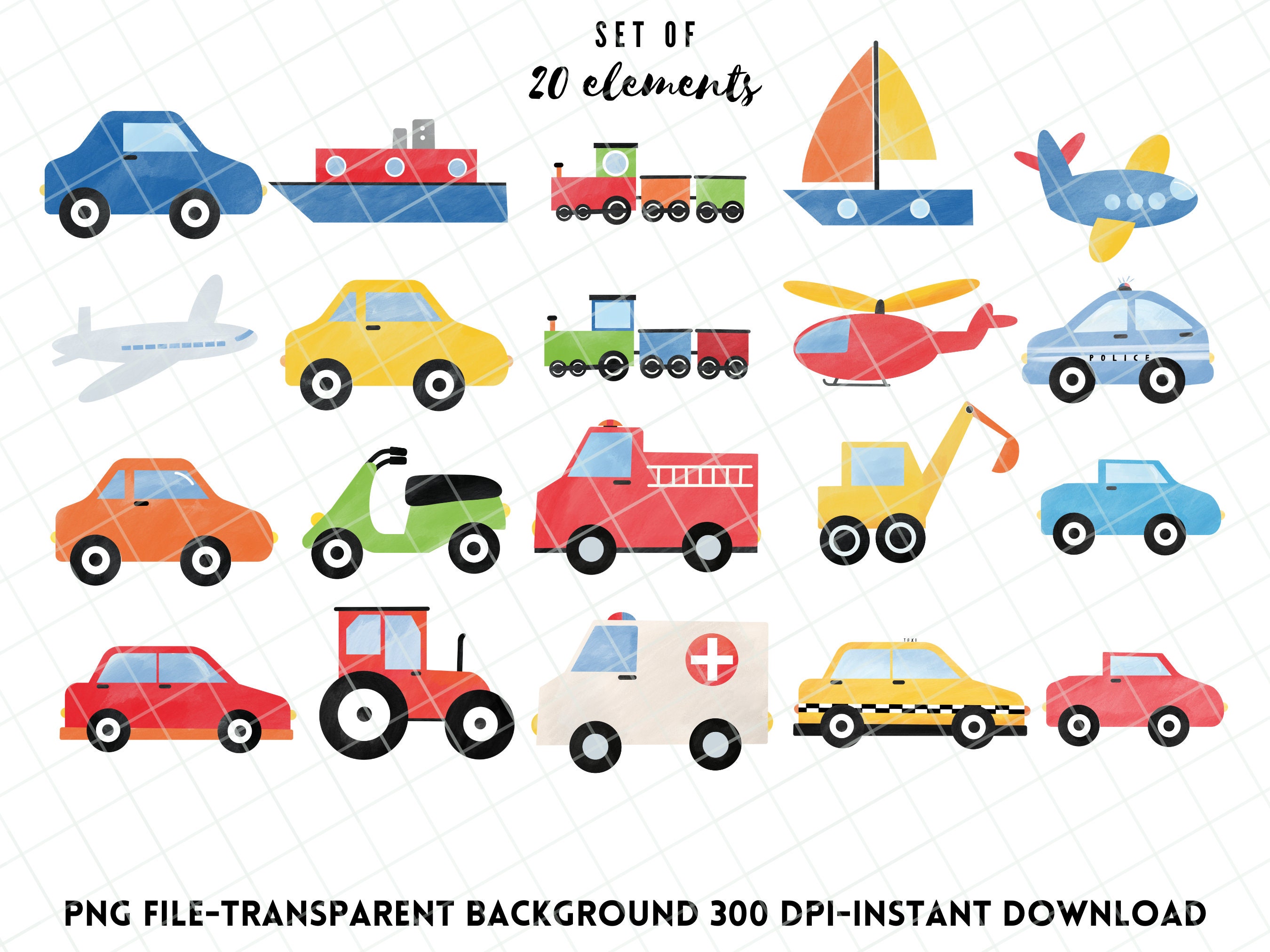 Watercolor Transportation Clipart Set of 20 Watercolor Vehicles Clip ...