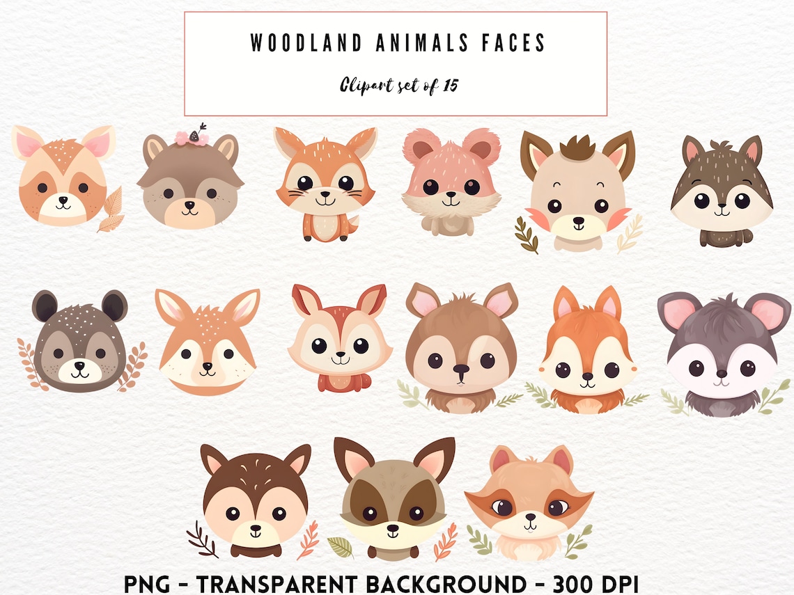 Boho Woodland Animal Faces Clipart Watercolor Woodland PNG Bundle Boho ...