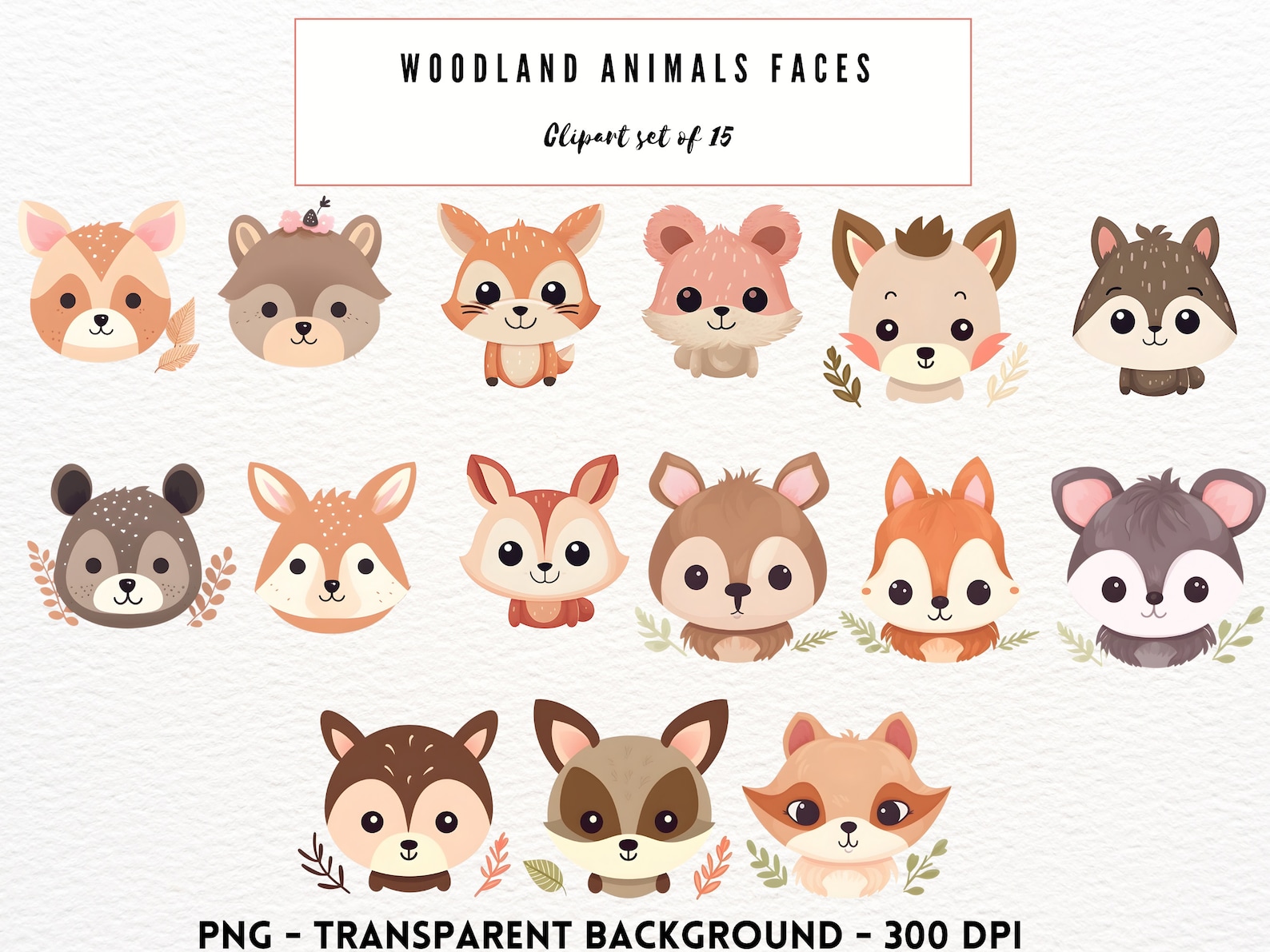 Boho Woodland Animal Faces Clipart Watercolor Woodland PNG Bundle Boho ...