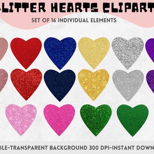 Glitter Hearts Clipart, Set of 16 PNG Clip Art, Set of Hearts, Rainbow ...
