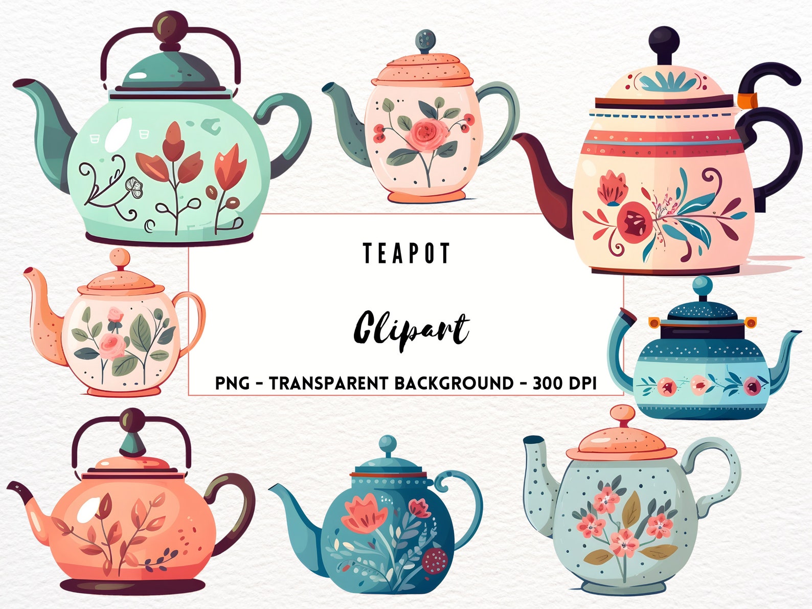 Teapot Clipart Bundle PNG Vintage Floral Teapot Clipart Antique Tea ...