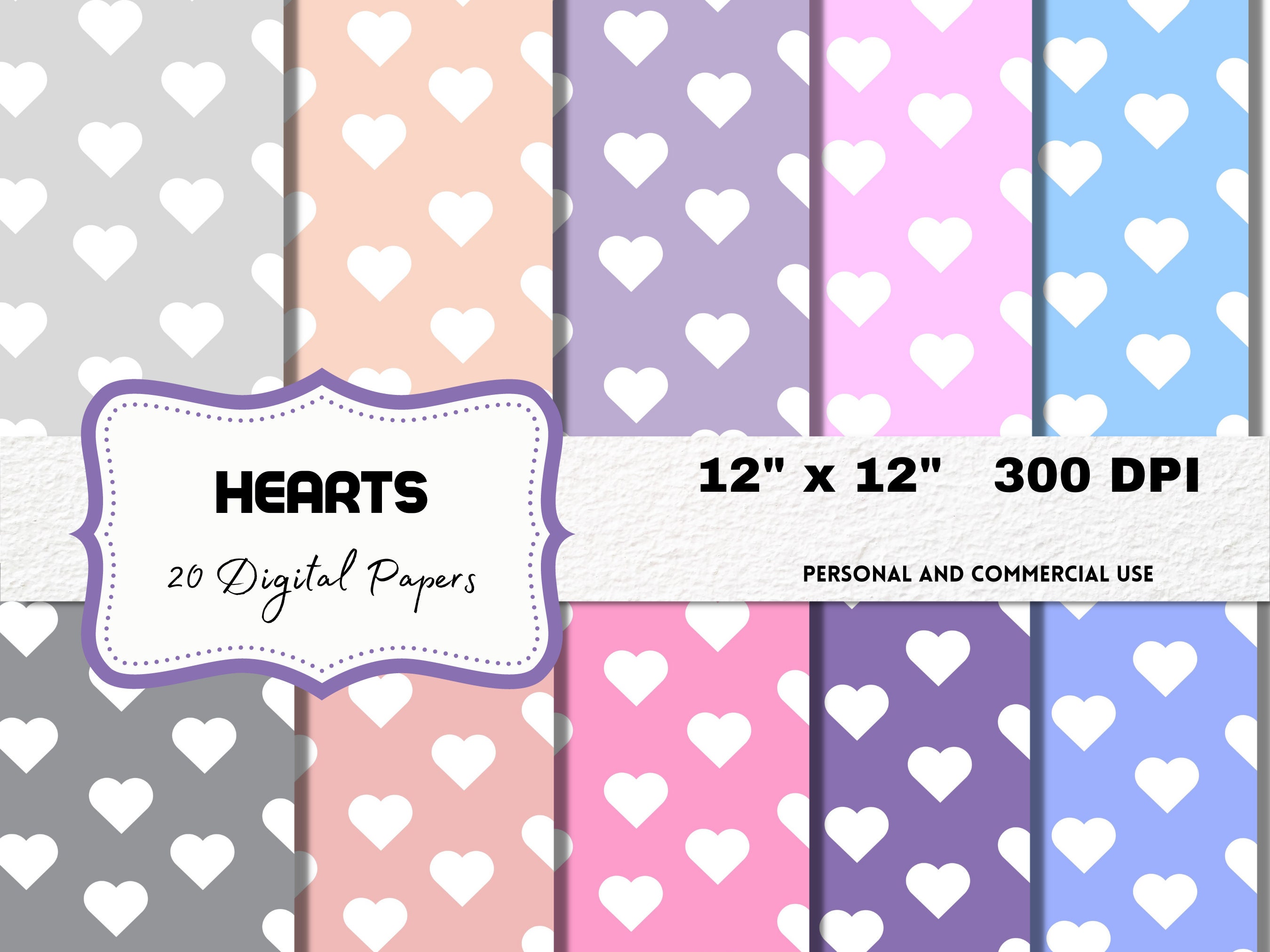 Hearts Digital Paper Set of 20 Love Heart Rainbow Seamless Pattern ...