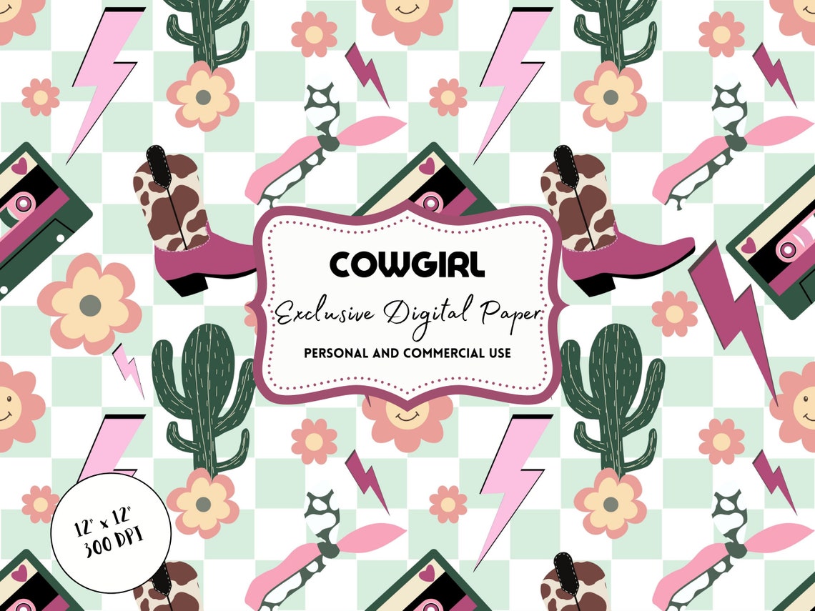 Cowgirl Digital Paper Cowgirl Seamless Pattern Retro Background Floral ...
