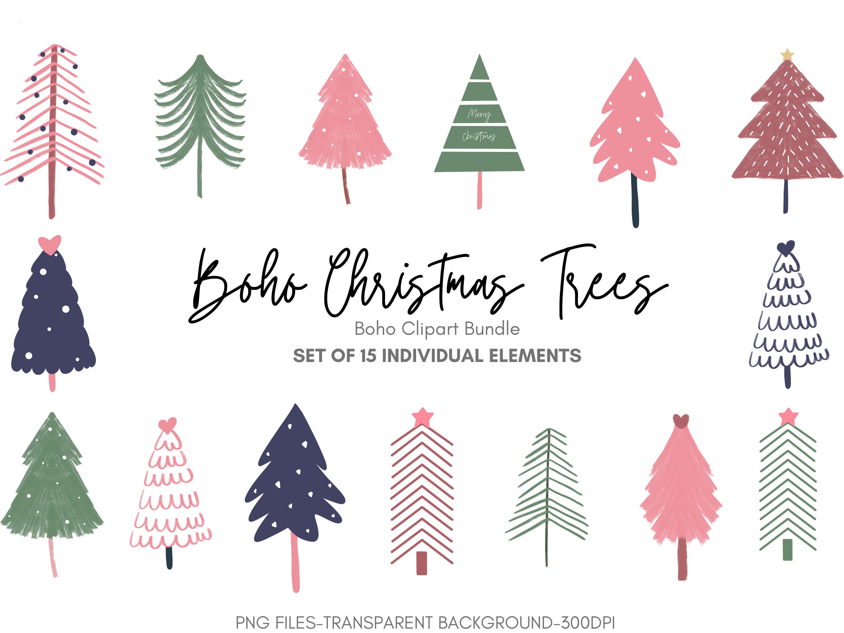 Boho Minimalist Christmas Trees Bundle Set of 15 Clipart Trendy Modern ...