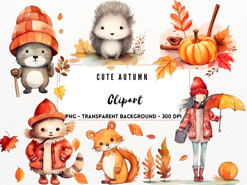 Cozy Fall Clipart Bundle Watercolor Autumn Clipart Cute Animal - Etsy