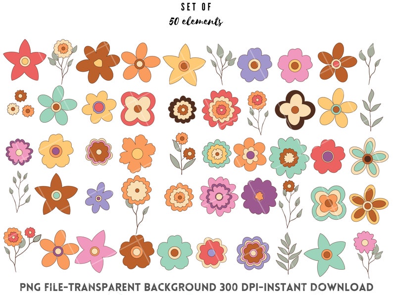 Groovy Clipart Flowers Retro Floral Clip Art Retro Clipart - Etsy
