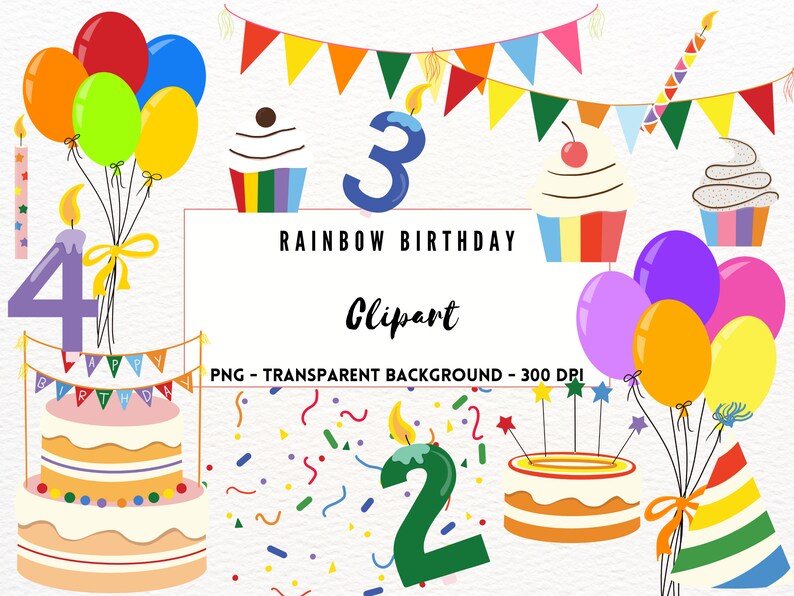 Rainbow Birthday Clipart Bundle Rainbow Clipart Set Birthday - Etsy