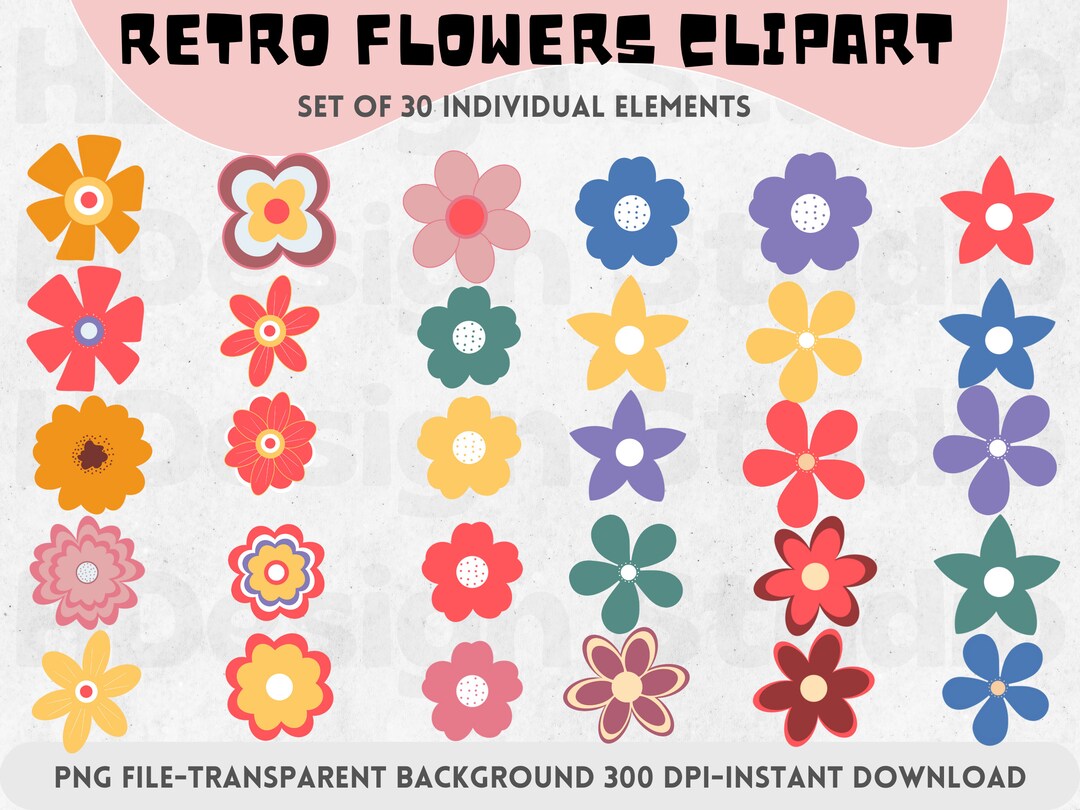 Retro Clipart Flowers Clipart Set of 30 Colorful Floral - Etsy