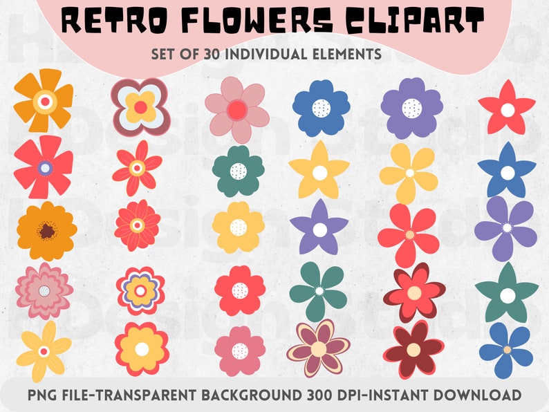 Retro Clipart Flowers Clipart Set of 30 Colorful Floral - Etsy