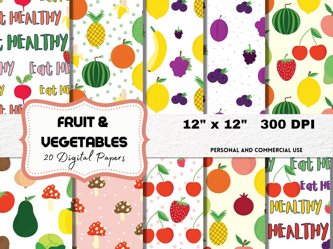 Vegetables Seamless Paper Summer Bundle Kawaii Digital Paper Pack Fruit ...