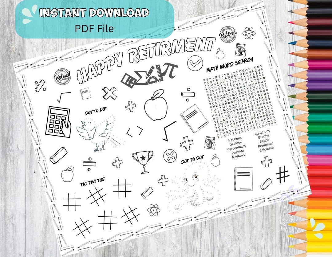 Happy Retirement Teacher Placemat Printable Coloring Sheet Digital File ...