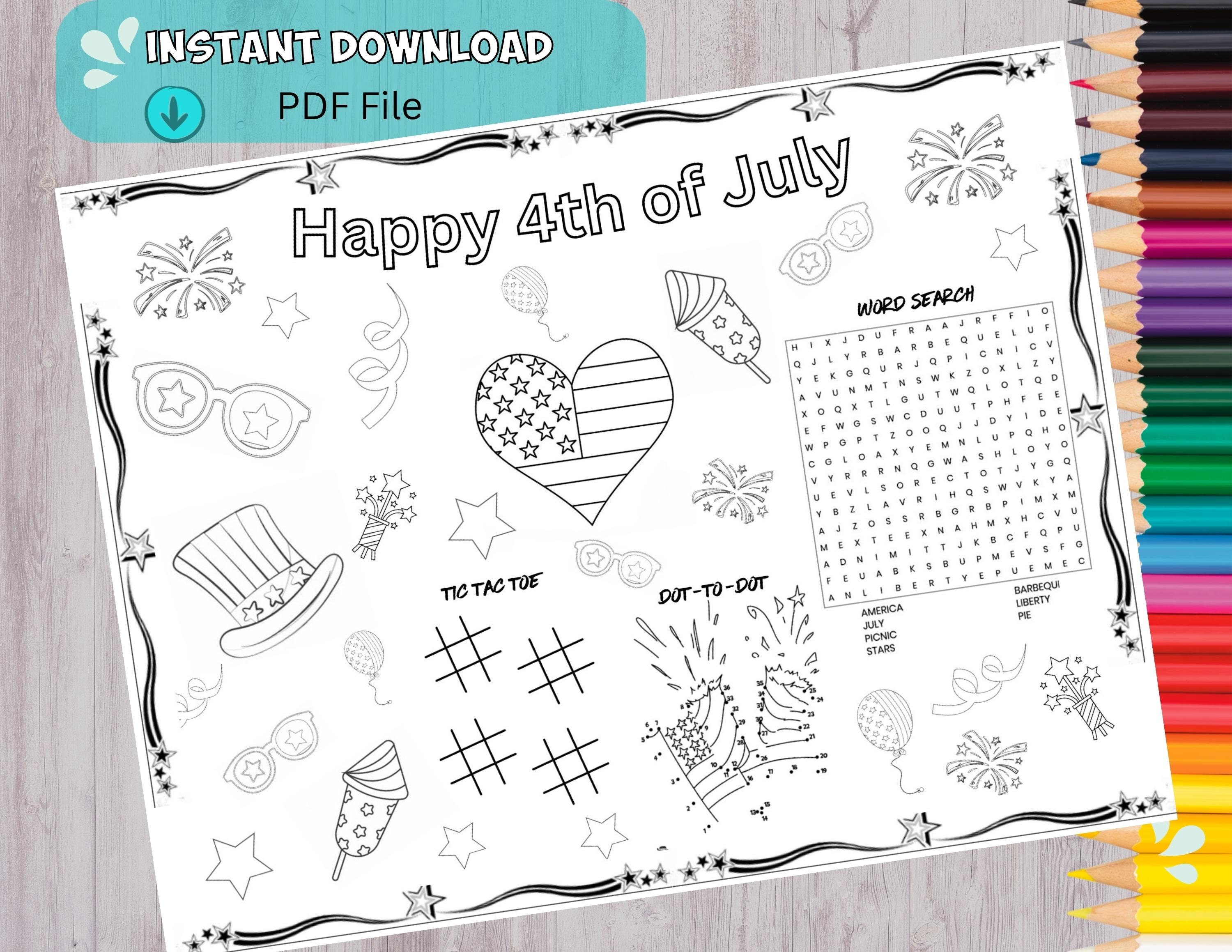 Happy 4th of July Placemat Printable Coloring Sheet Digital File ...