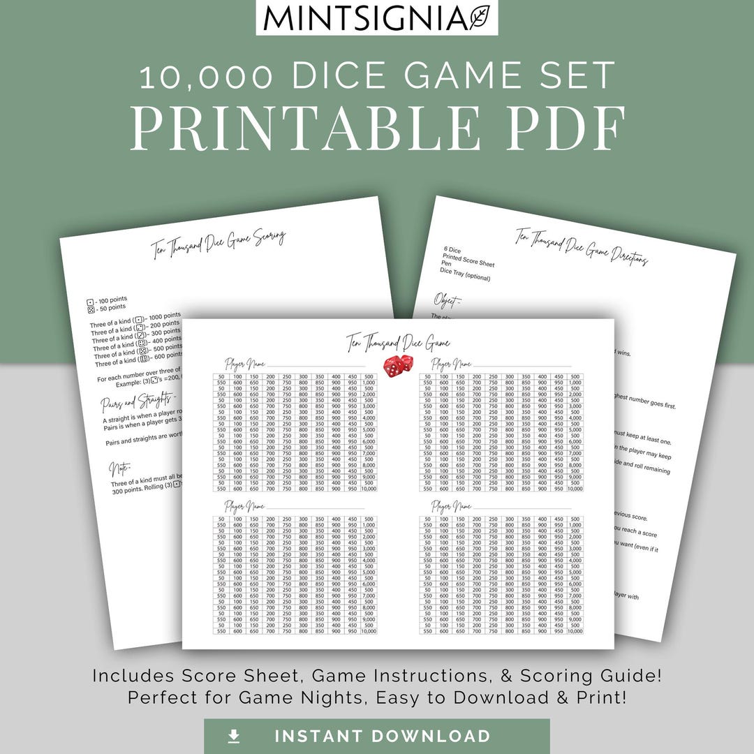 Ten Thousand Dice Game Set: Printable Score Sheet (PDF) - Etsy