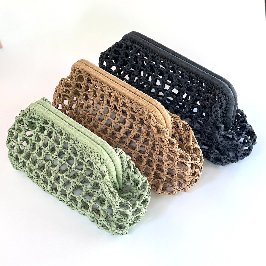 Raffia Grid Clutch, Straw Summer Evening Bag Green Mesh Raffia Beach ...