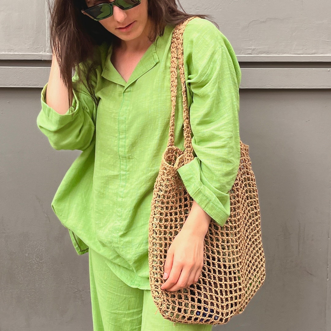 Slouchy Foldable Mesh Tote Bag Natural Straw Fishnet Tote Lightweight ...