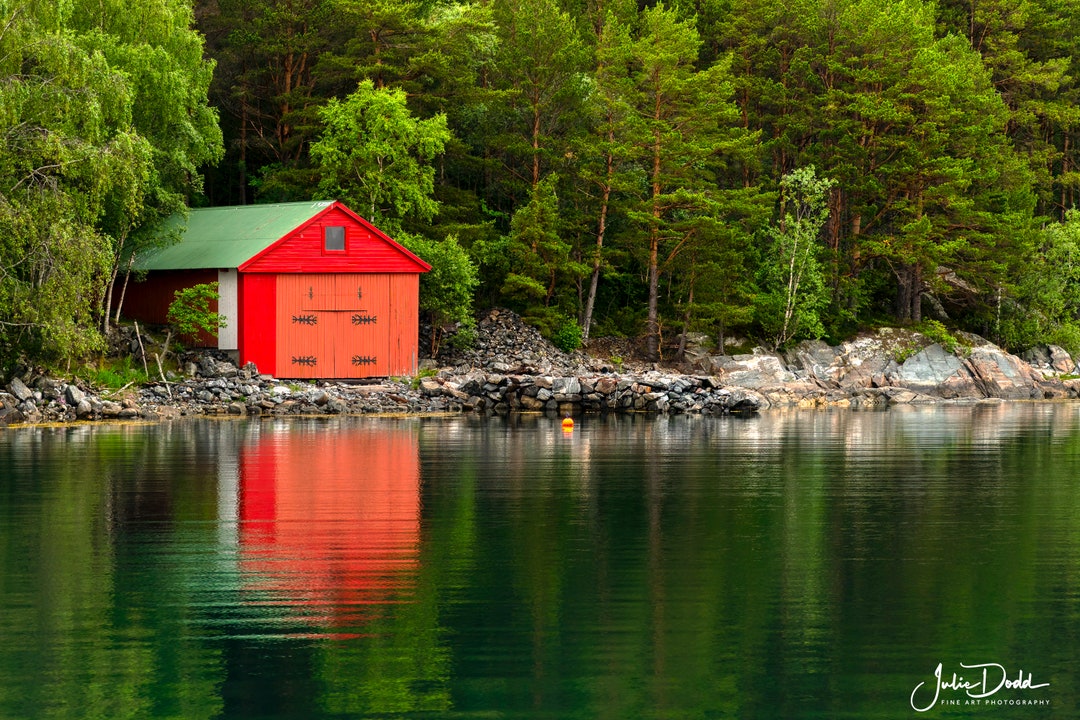 Red Boathouse Lake Reflection Photo in Fine Art Canvas or - Etsy