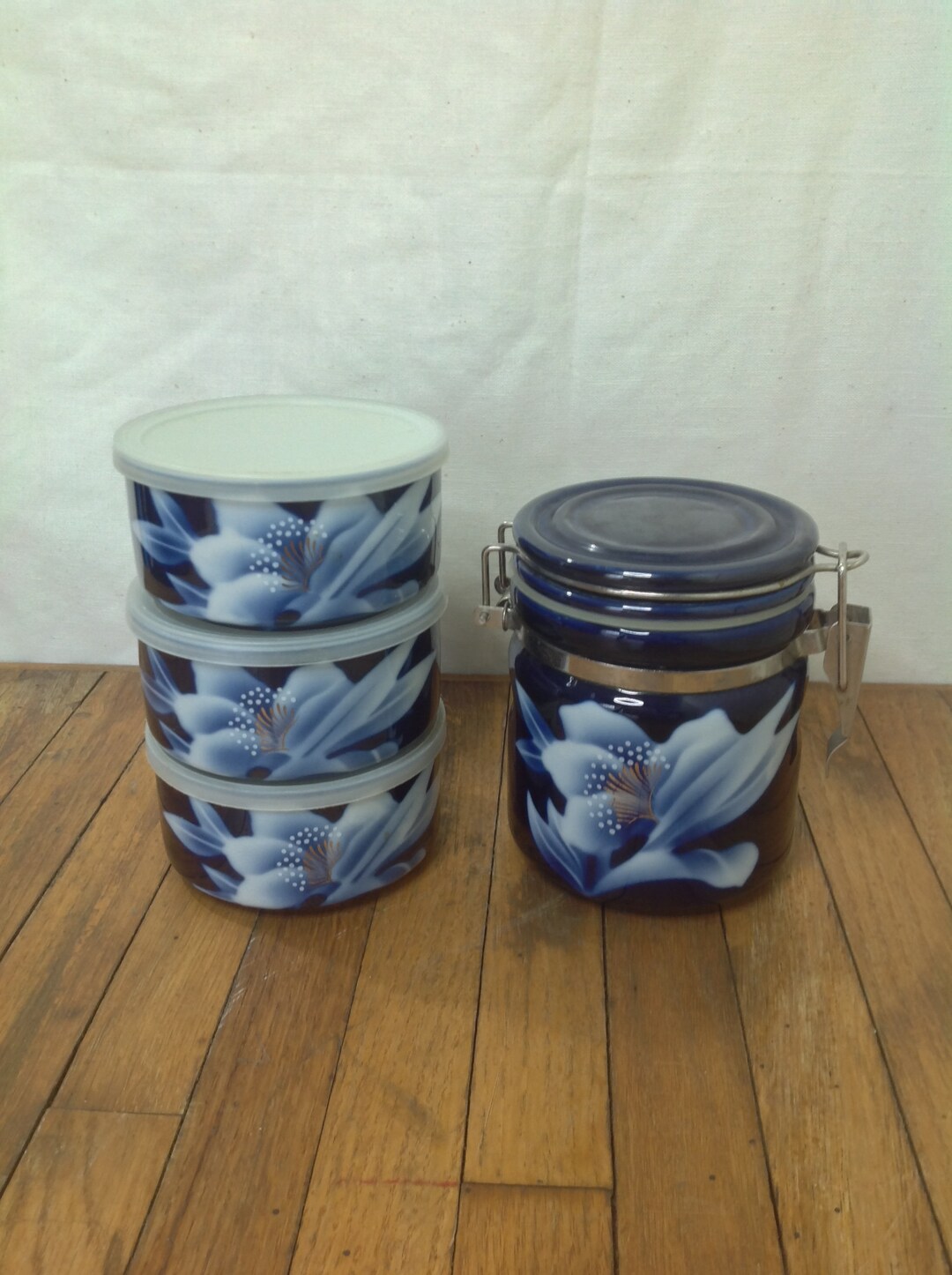 Vintage Blue Floral Glazed Container Set - Etsy