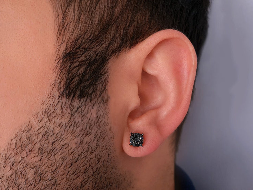 Genuine Black Diamonds Stud Earring Dainty Men Gold Earring - Etsy