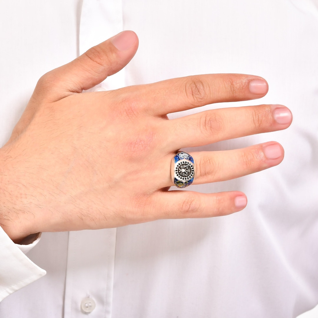 Hand Painted Lion Signet Ring, Black Diamond Pave Men Ring, Chunky ...