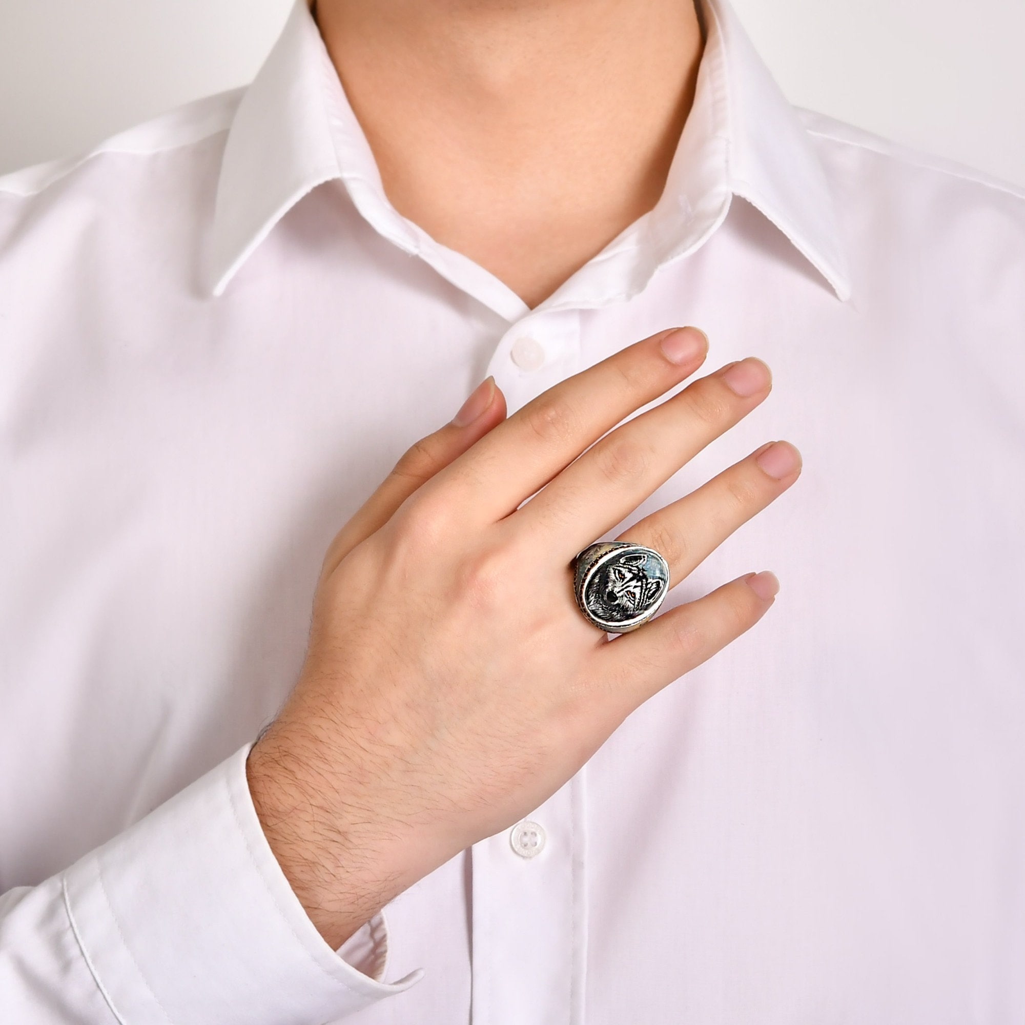 Stunning Wolf Signet Ring, 24K Gold Hand Painted Animal Men Ring, Black ...