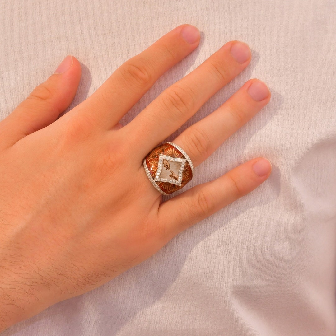 Hand Painted Creation of Adam Signet Ring, Real Diamond Statement Ring ...
