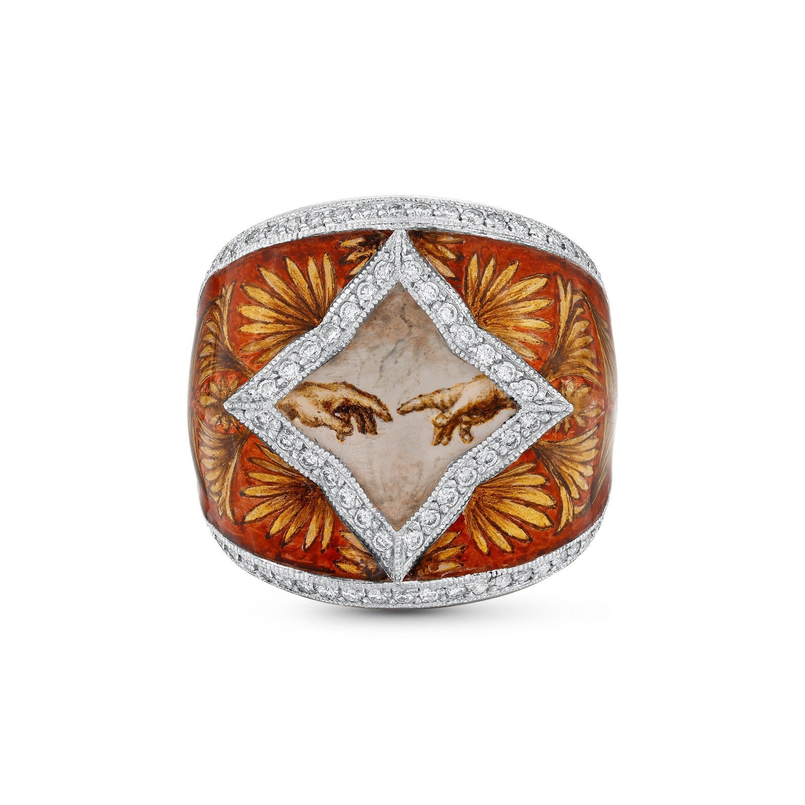 Hand Painted Creation of Adam Signet Ring, Real Diamond Statement Ring ...