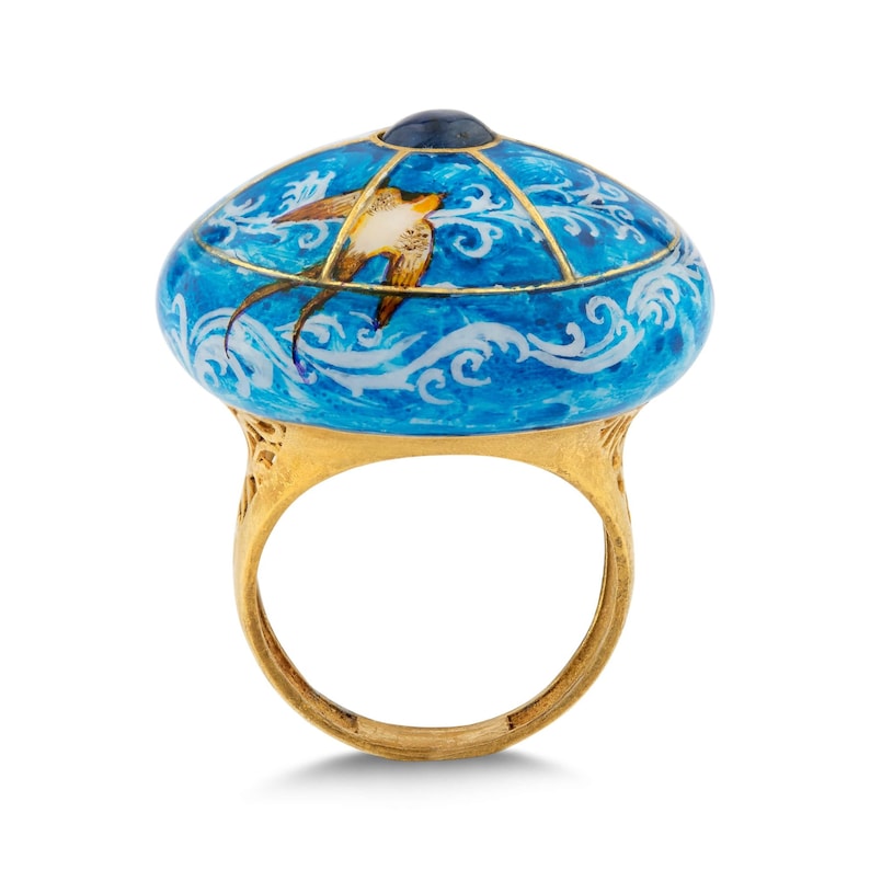 Blue Sapphire Chunky Ring, Handmade Birds Painted Signet Ring, Unisex ...