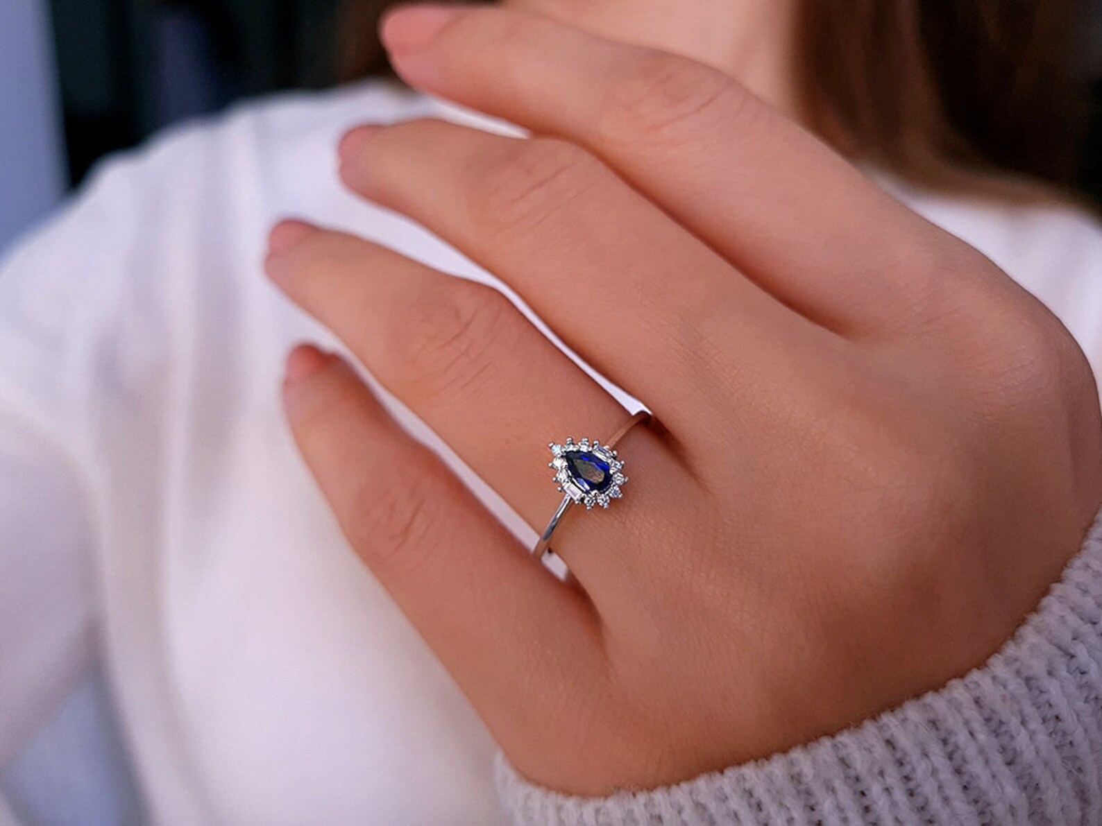 Teardrop Blue Sapphire Promise Ring, Baguette Diamond Proposal Ring, 8K ...