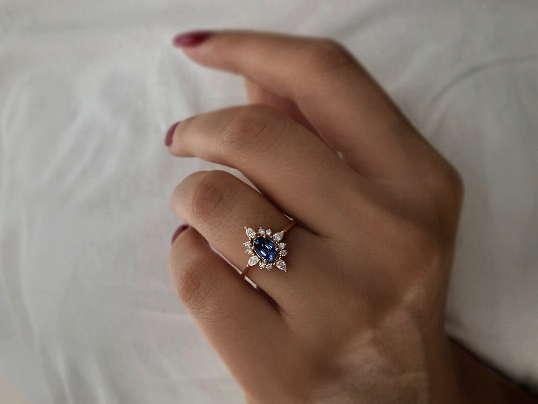 Oval Blue Sapphire Ring, Diamond Bridal Ring, 14K Gold Delicate ...