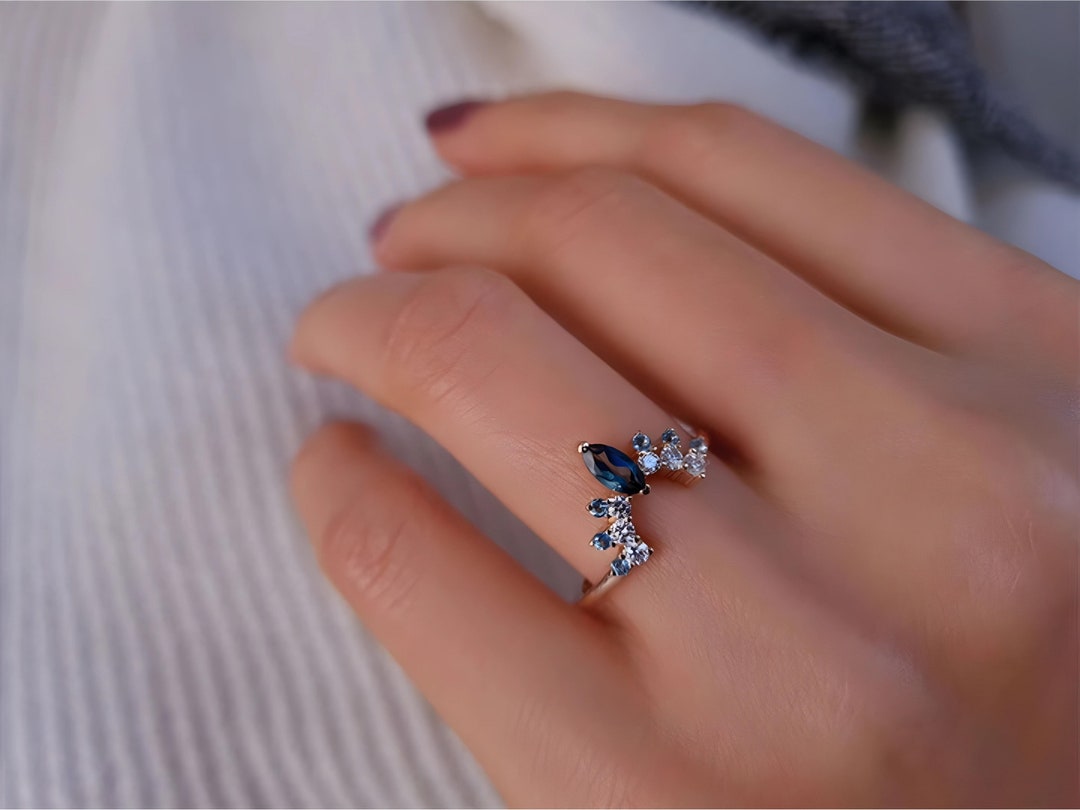 London Blue Topaz Crown Ring, Diamond Women Ring, 14K Solid Gold ...