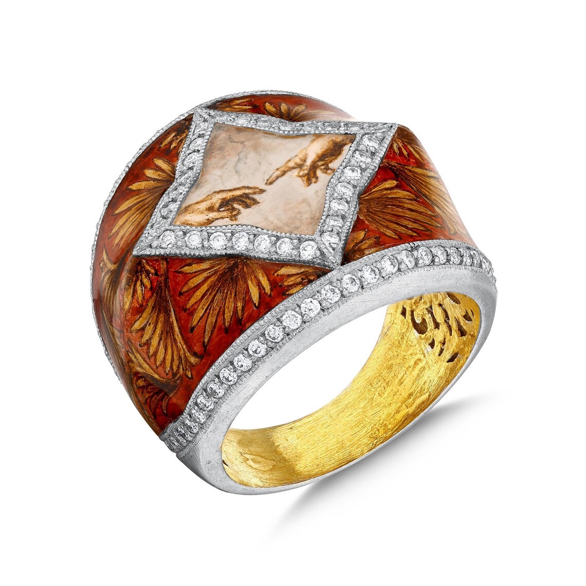 Hand Painted Creation of Adam Signet Ring, Real Diamond Statement Ring ...