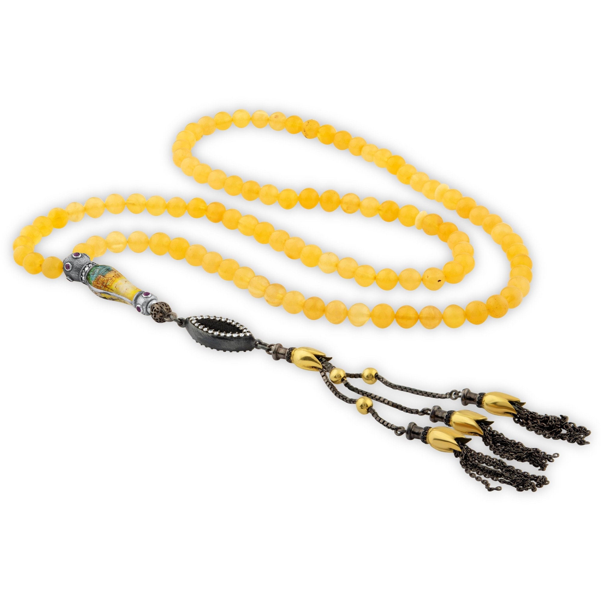 Genuine Diamonds and Ruby Muslim Rosary, Micro Hand Painted Kaaba and Masjid Al Aqsa Silver ...