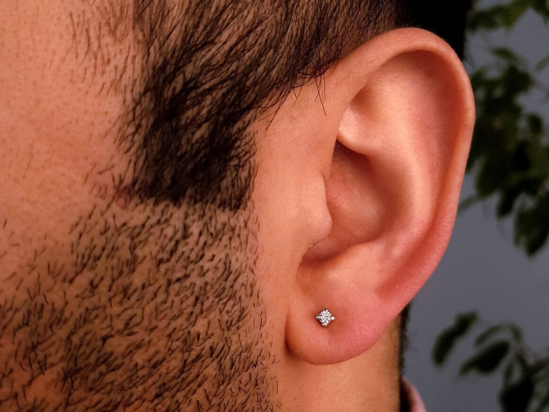 Sparkling Diamond Men Earring, 8K Gold Gemstone Stud Earring, Unique ...