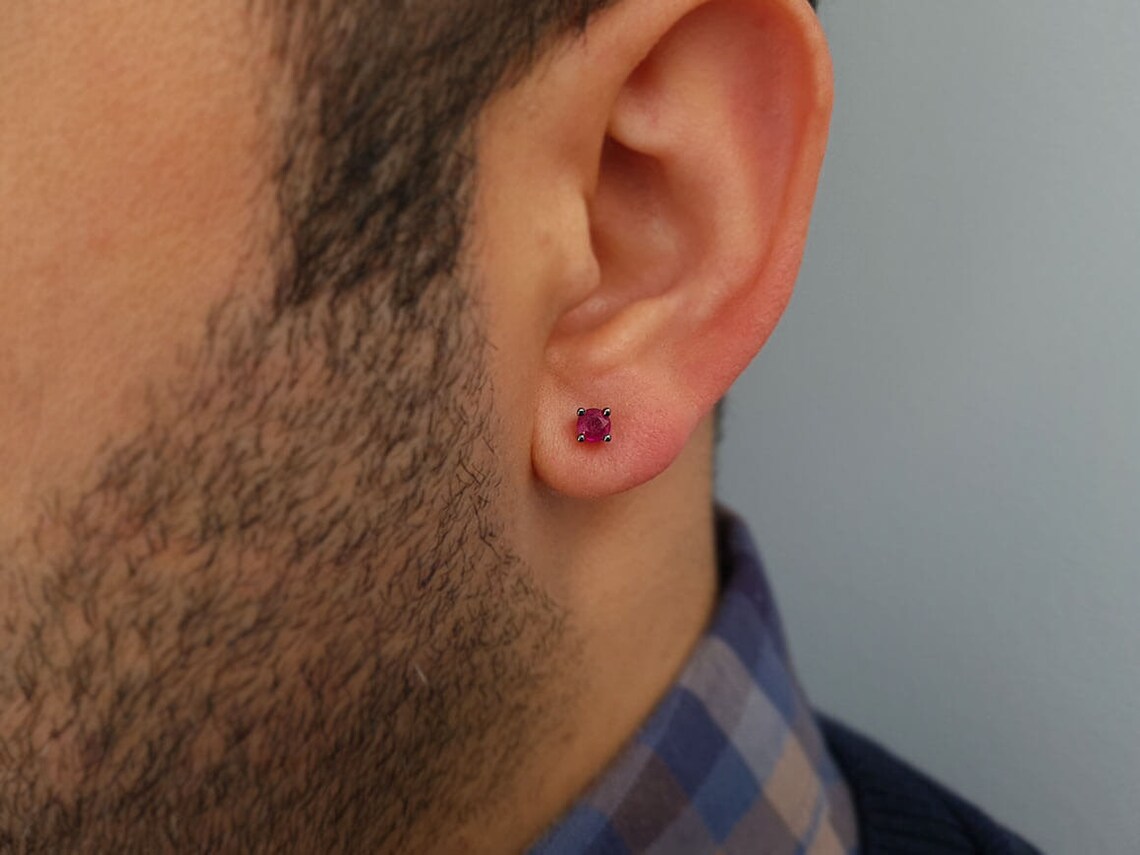 Delicate Red Ruby Men Earring, 14K Gold Gemstone Stud Earring, Unique ...