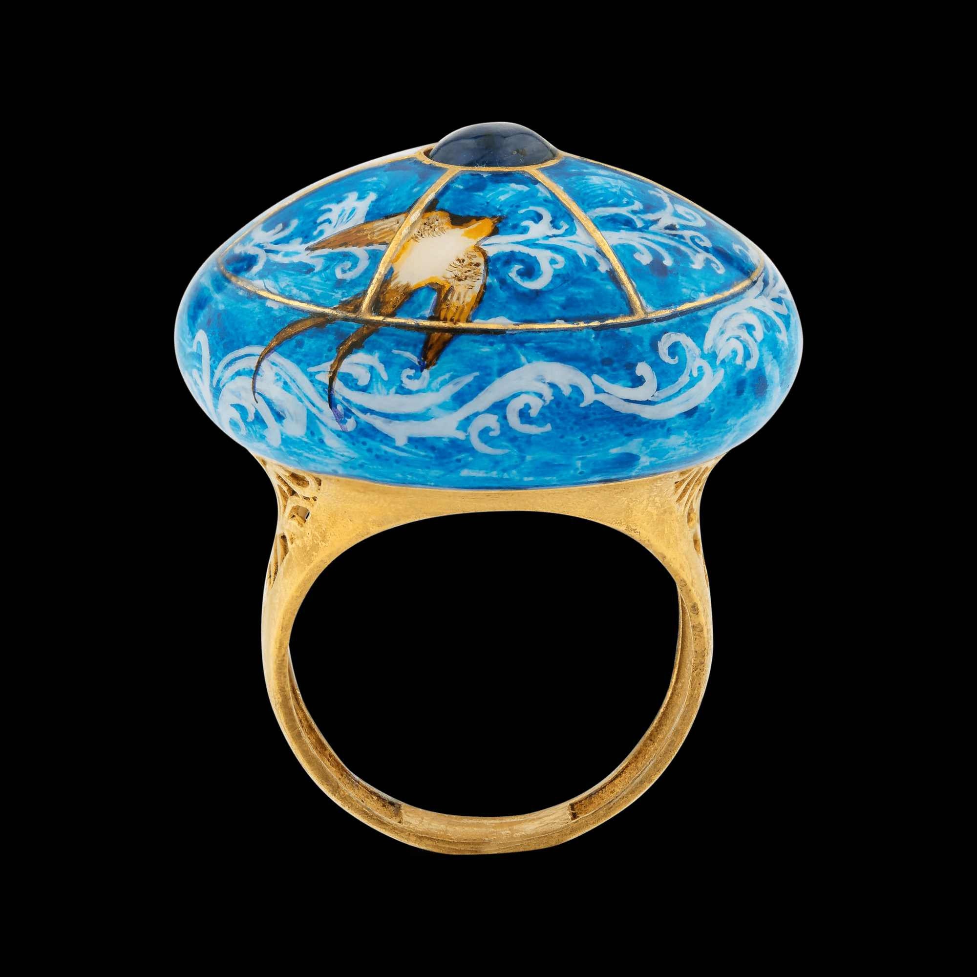 Blue Sapphire Chunky Ring, Handmade Birds Painted Signet Ring, Unisex ...