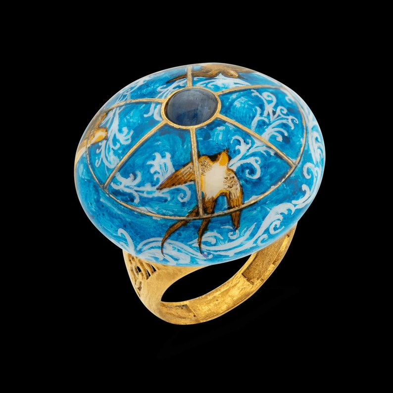 Blue Sapphire Chunky Ring, Handmade Birds Painted Signet Ring, Unisex ...