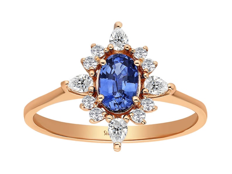 Oval Blue Sapphire Ring, Diamond Bridal Ring, 14K Gold Delicate ...