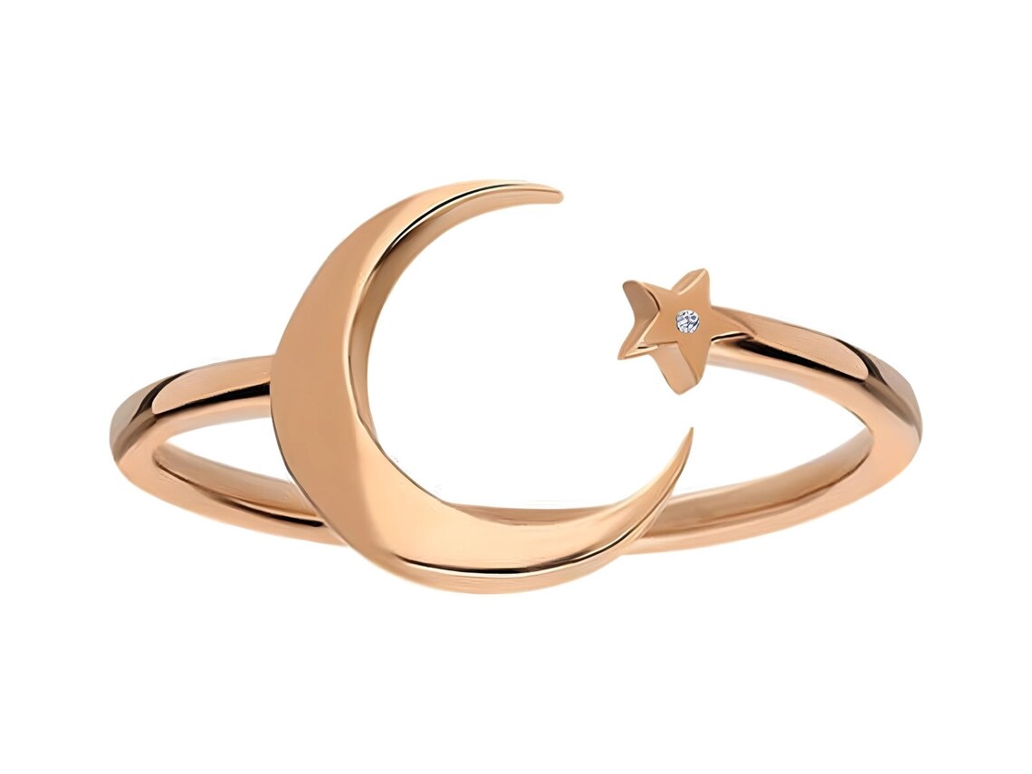 Genuine Diamond Moon and Star Ring, Dainty Celestial Gold Ring ...