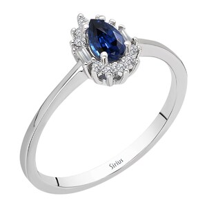 Teardrop Blue Sapphire Promise Ring, Baguette Diamond Proposal Ring, 8K ...
