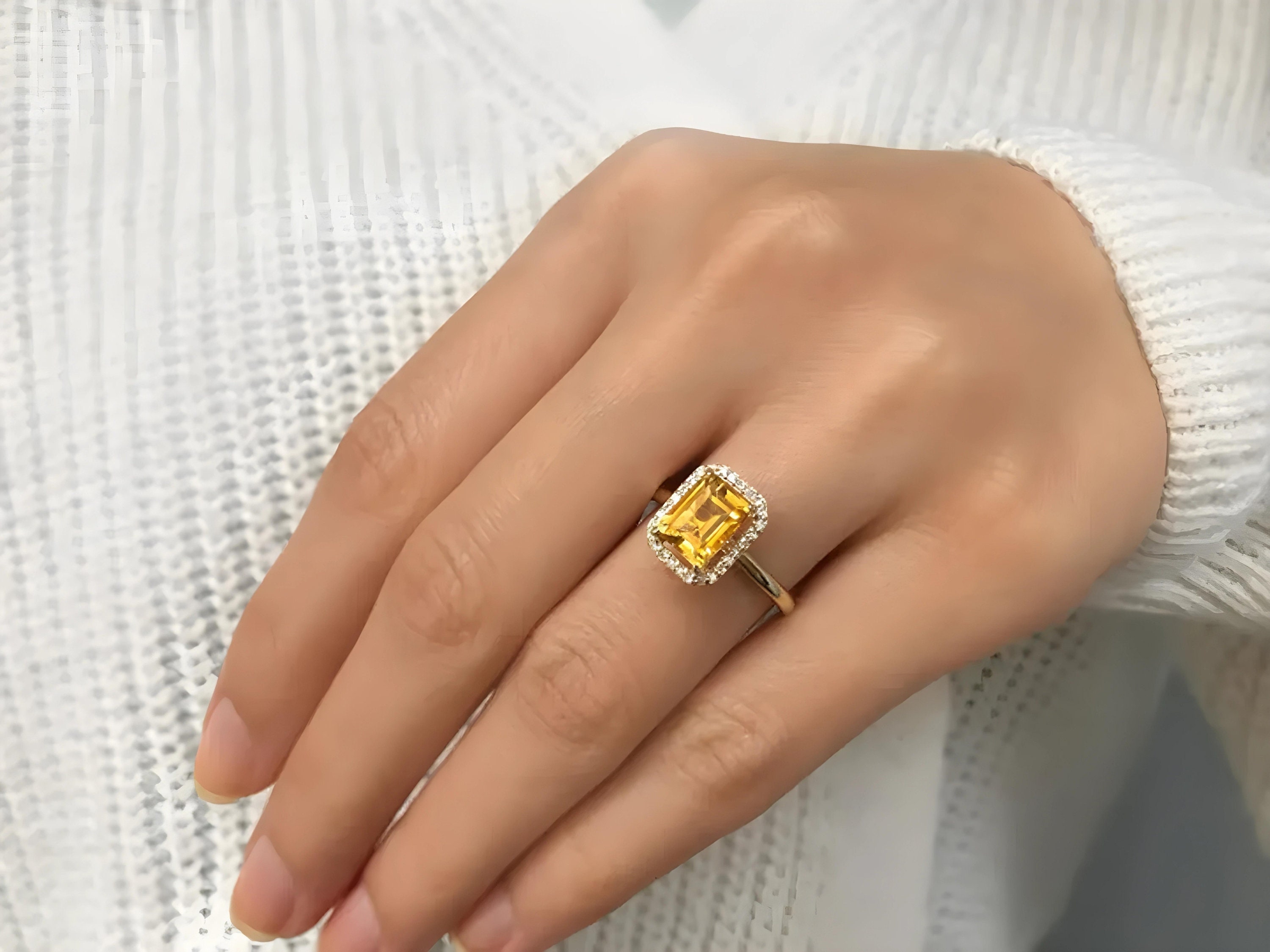 Natural Citrine Solitaire Ring, 14K Gold Engagement Ring, Diamond ...