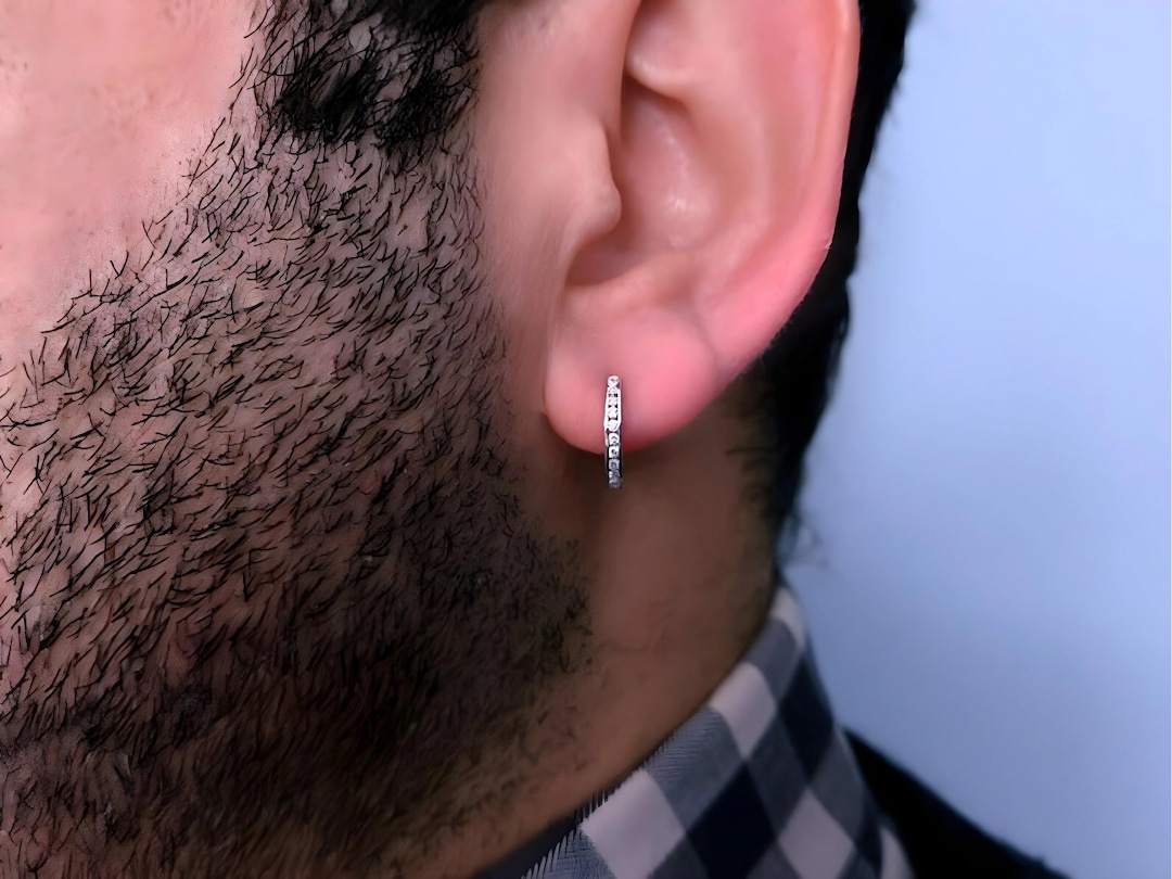 14K Solid Gold Men Huggie Hoop Earring, 0.10ct Genuine Diamond Pave ...