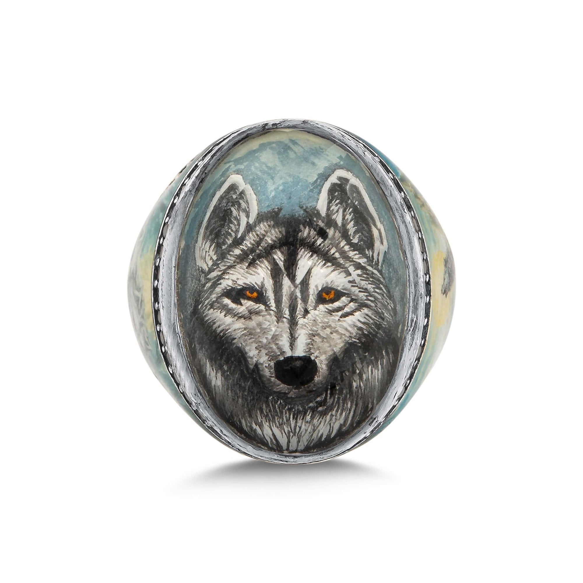 Stunning Wolf Signet Ring, 24K Gold Hand Painted Animal Men Ring, Black ...