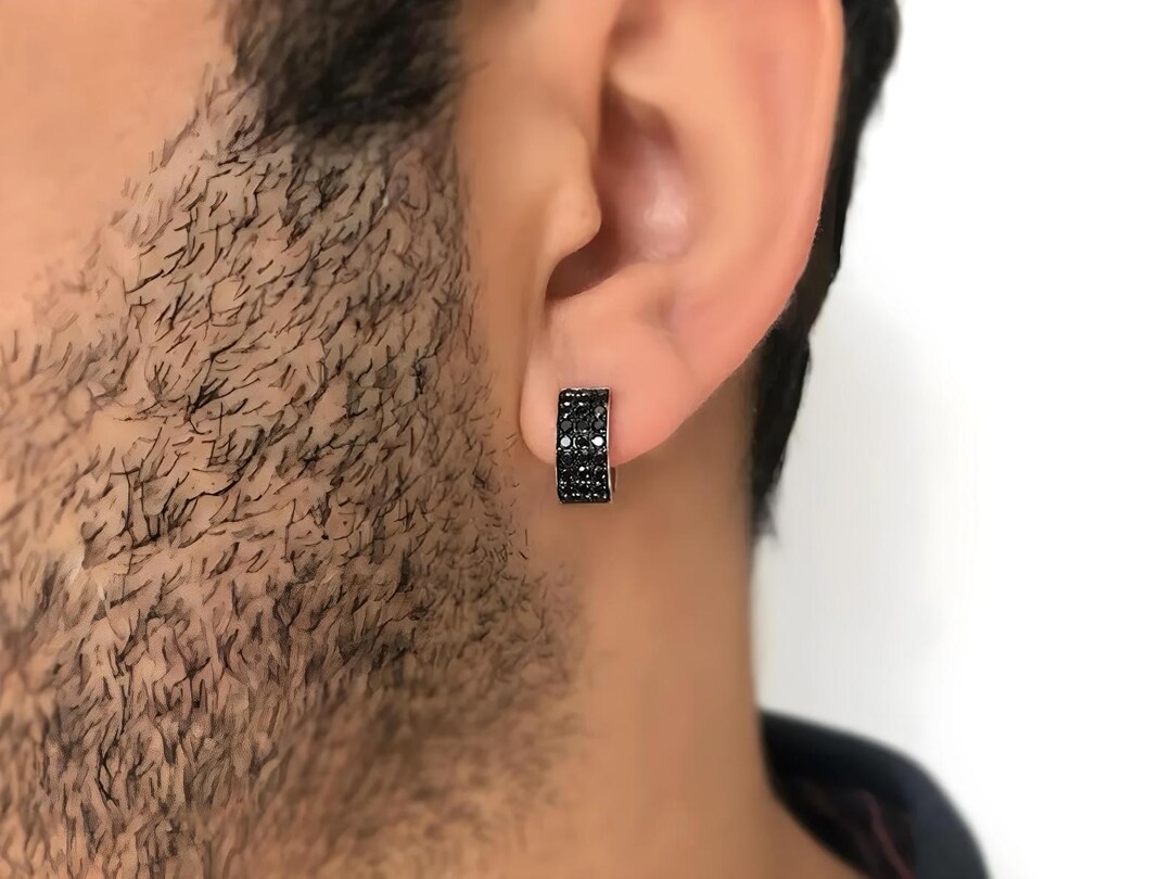 Gemstone Men Hoop Earring, Minimalist Black Diamond Earring, 14K Gold ...