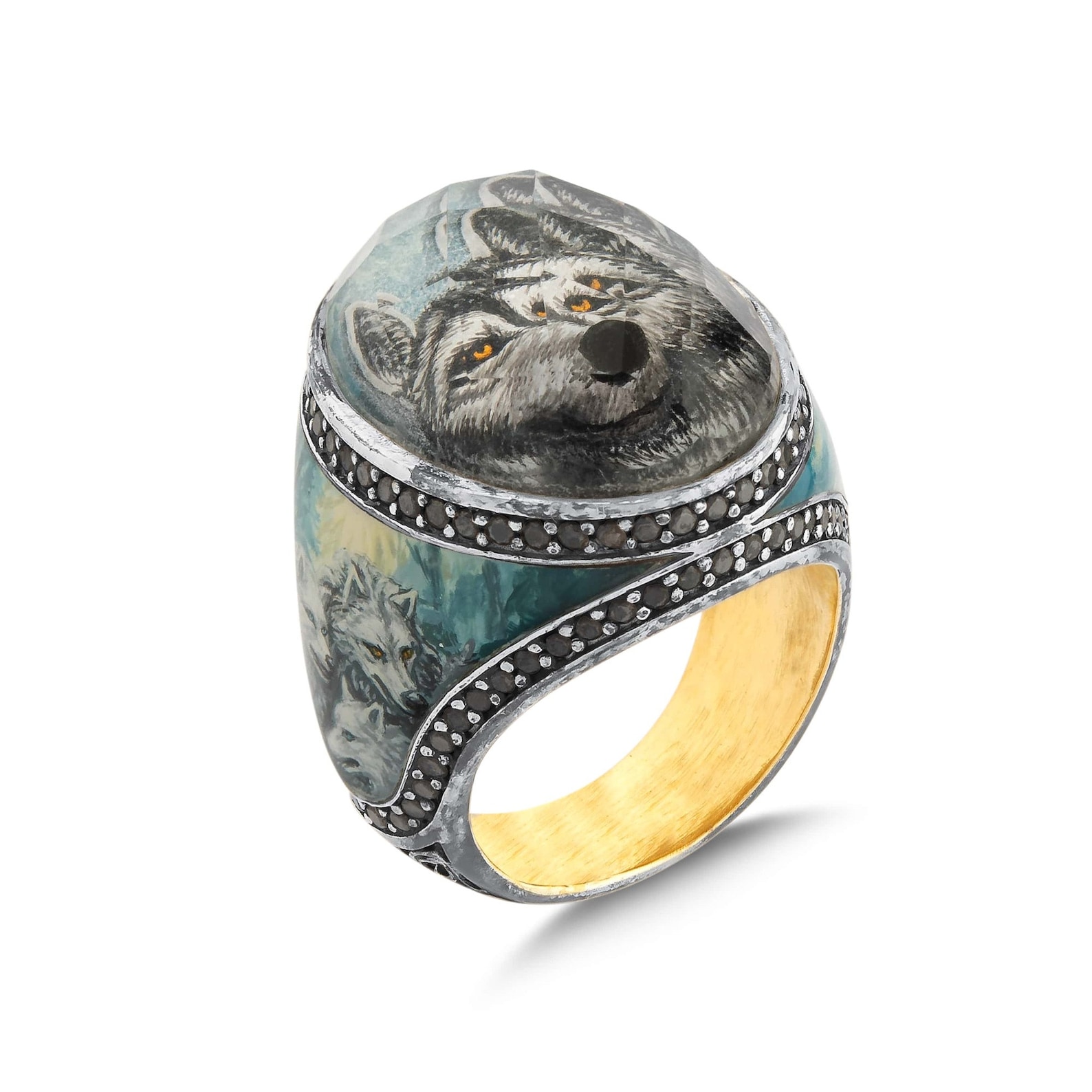 Stunning Wolf Signet Ring, 24K Gold Hand Painted Animal Men Ring, Black ...