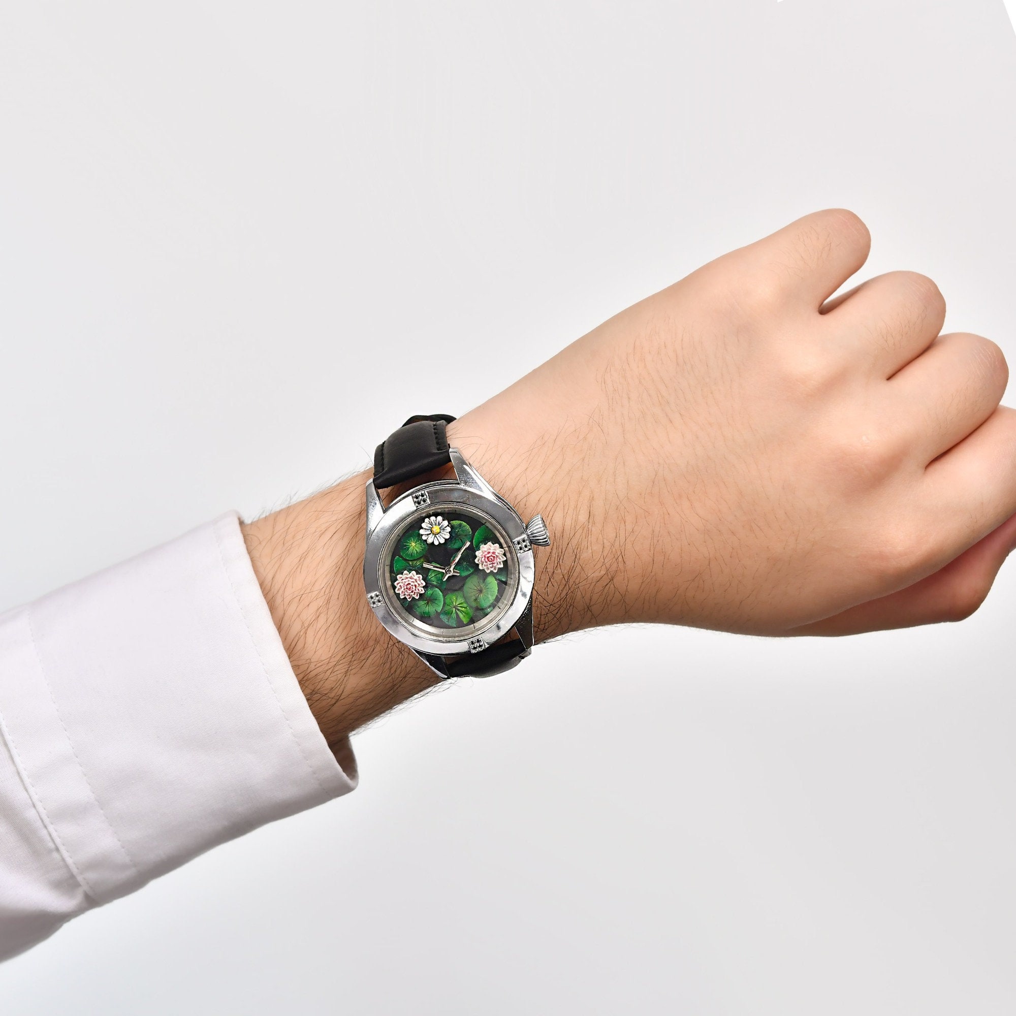 Lotus Flower Women Watch, Hand Painted Floral Analog Wristwatch ...