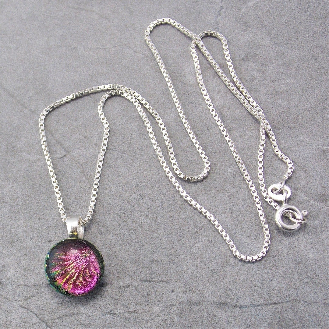 Dichroic Fused Glass Pendant & 16 Sterling Silver Chain/bail Pink With ...
