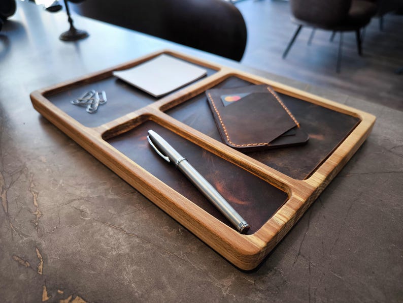 Wooden Desk Organizer With Leather Tray – Organizer and Functional Desk ...